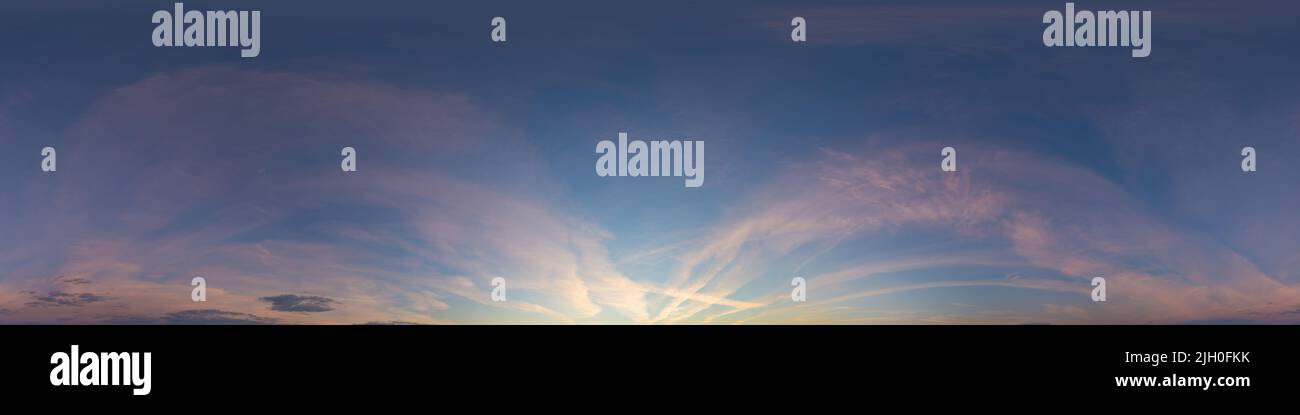 Dark blue sunset sky panorama with pink Cirrus clouds. Seamless hdr 360 ...