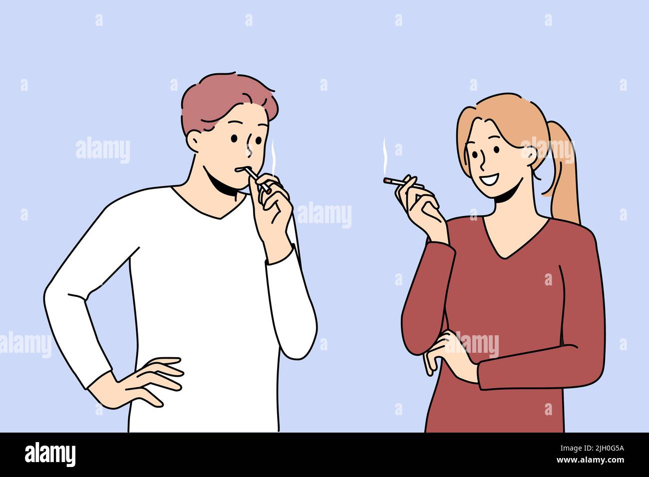 Smokers couple talking suffer from nicotine addiction. People with ...