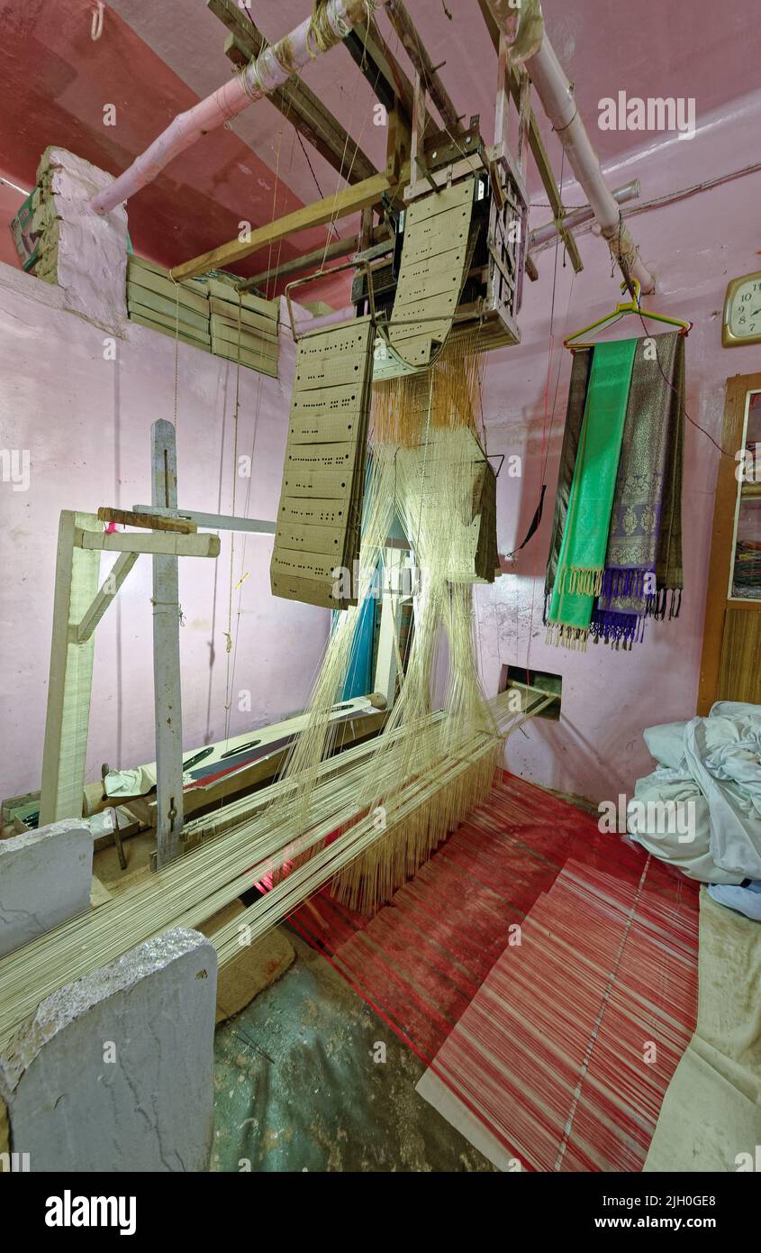 08 24 2008 Threads In Loom Silk saree weaving worker at Sarnath making ...