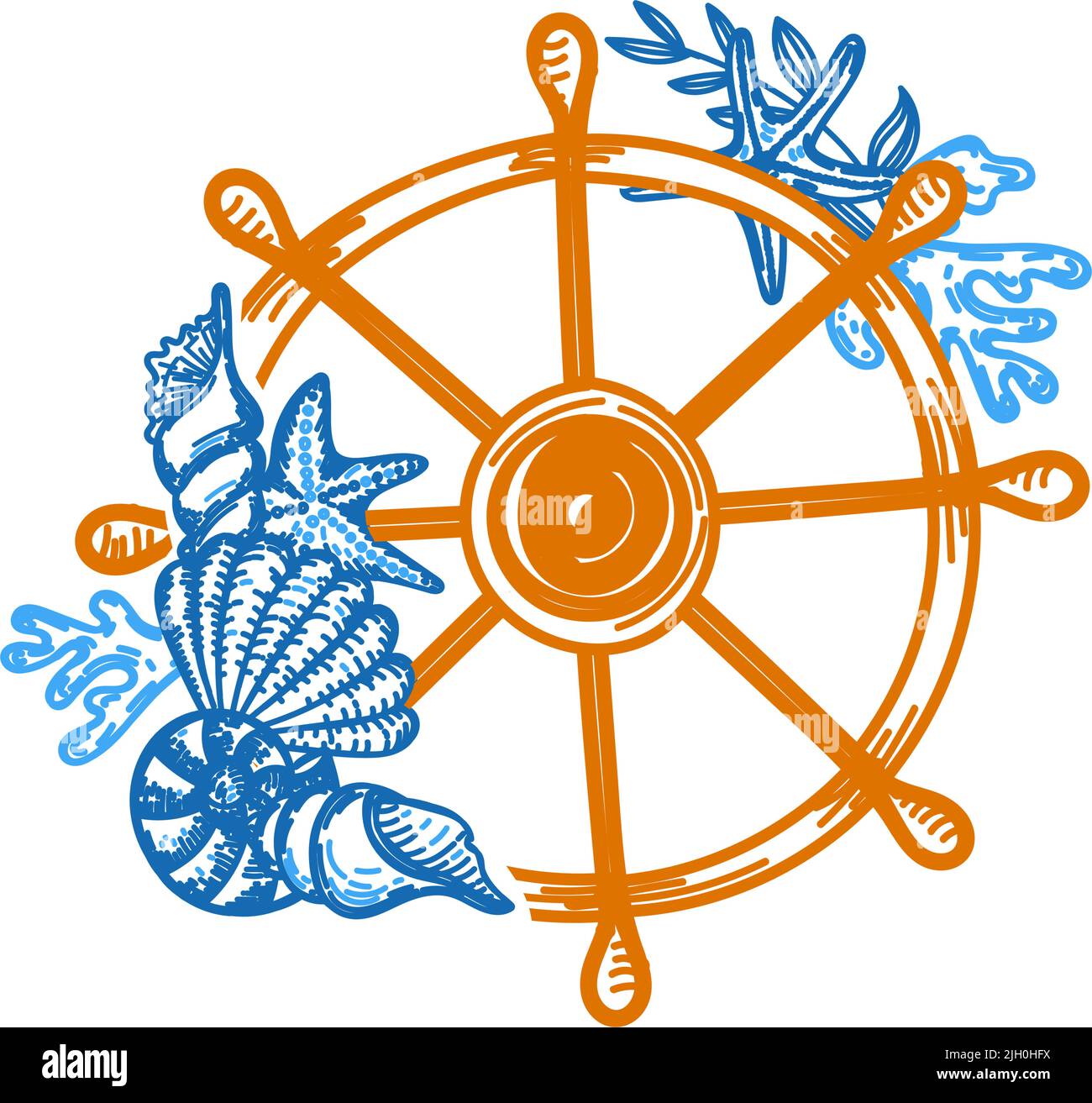 Hand-drawn nautical helm in sketch style. An element of decor. Ship's ...