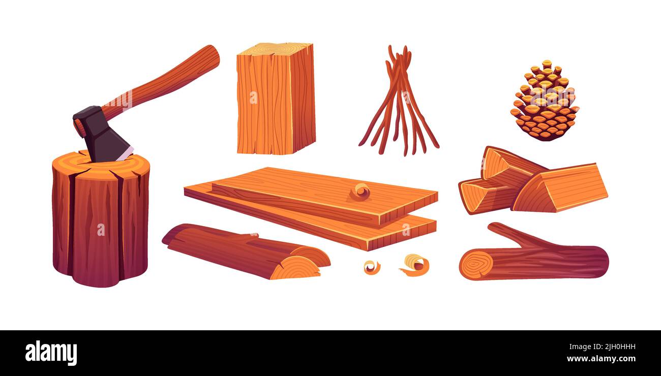 Set of woods, wooden logs, flat slices, axe in stump, cut tree trunk ...
