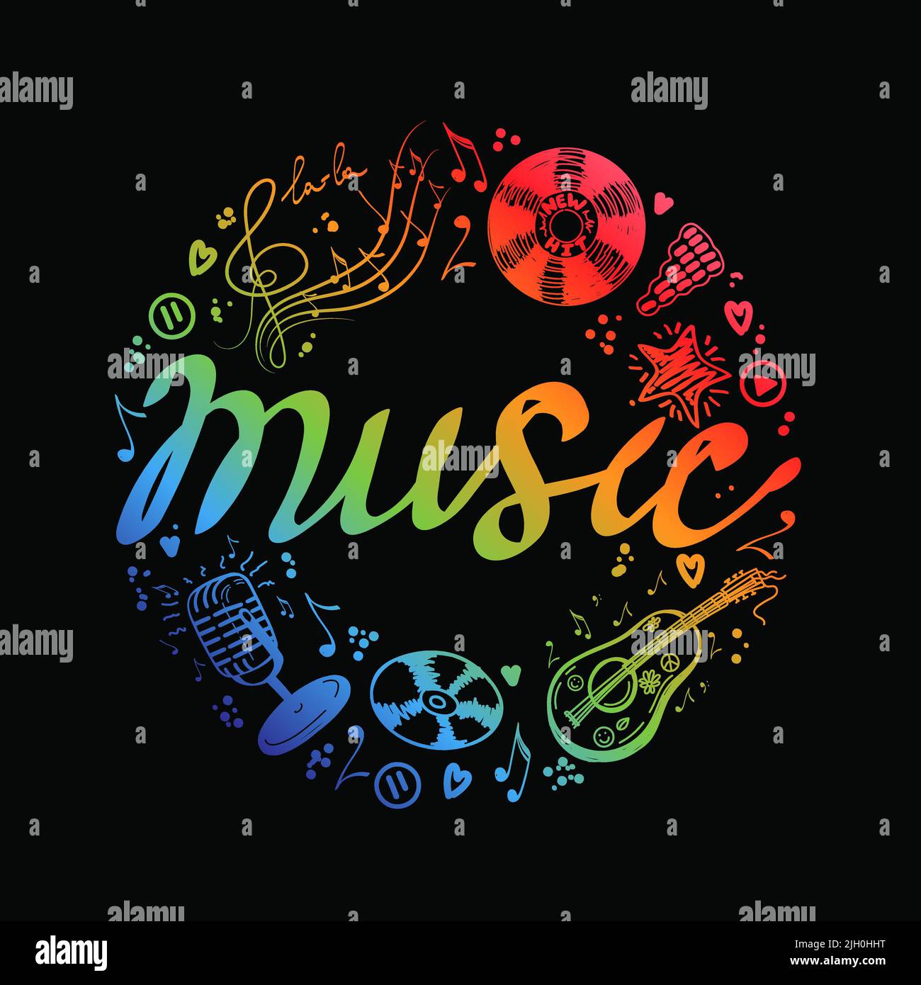 Frame with musical elements in a circle, hand-drawn in sketch style ...