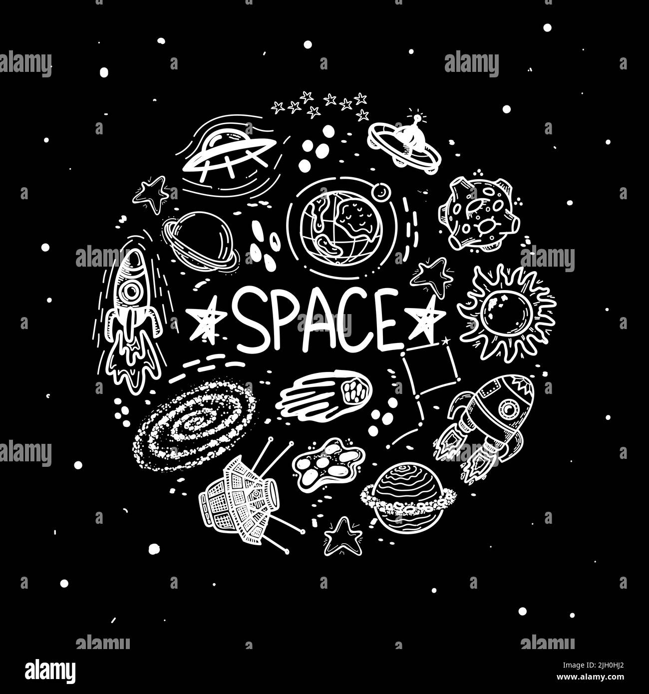 A set of space elements in a circle on a black background. Hand-drawn ...