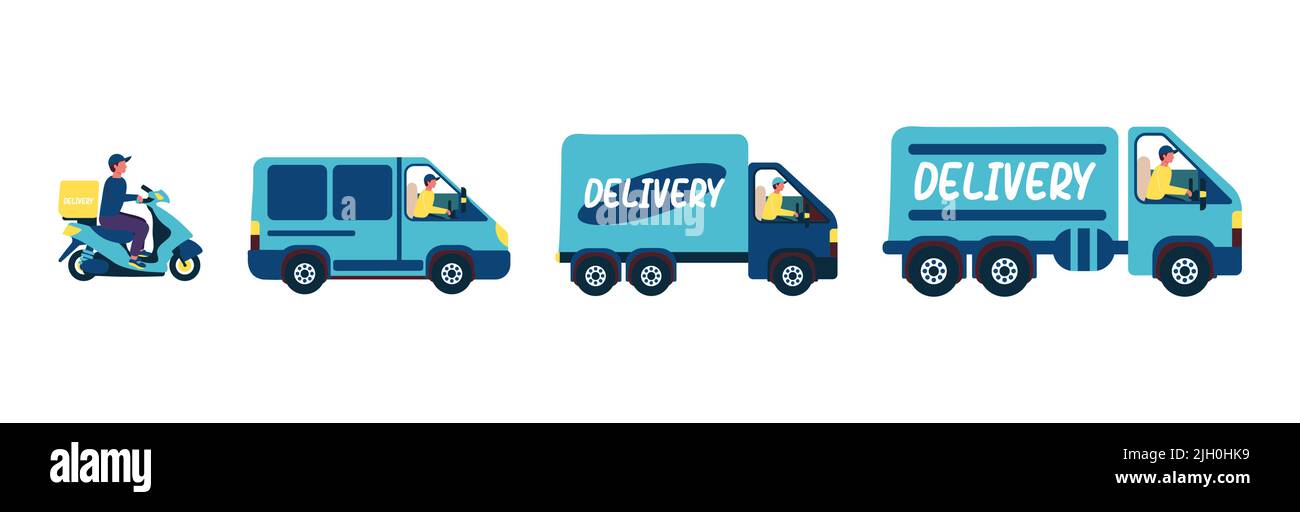 Delivery transport motorcycle with driver, car and two large delivery ...