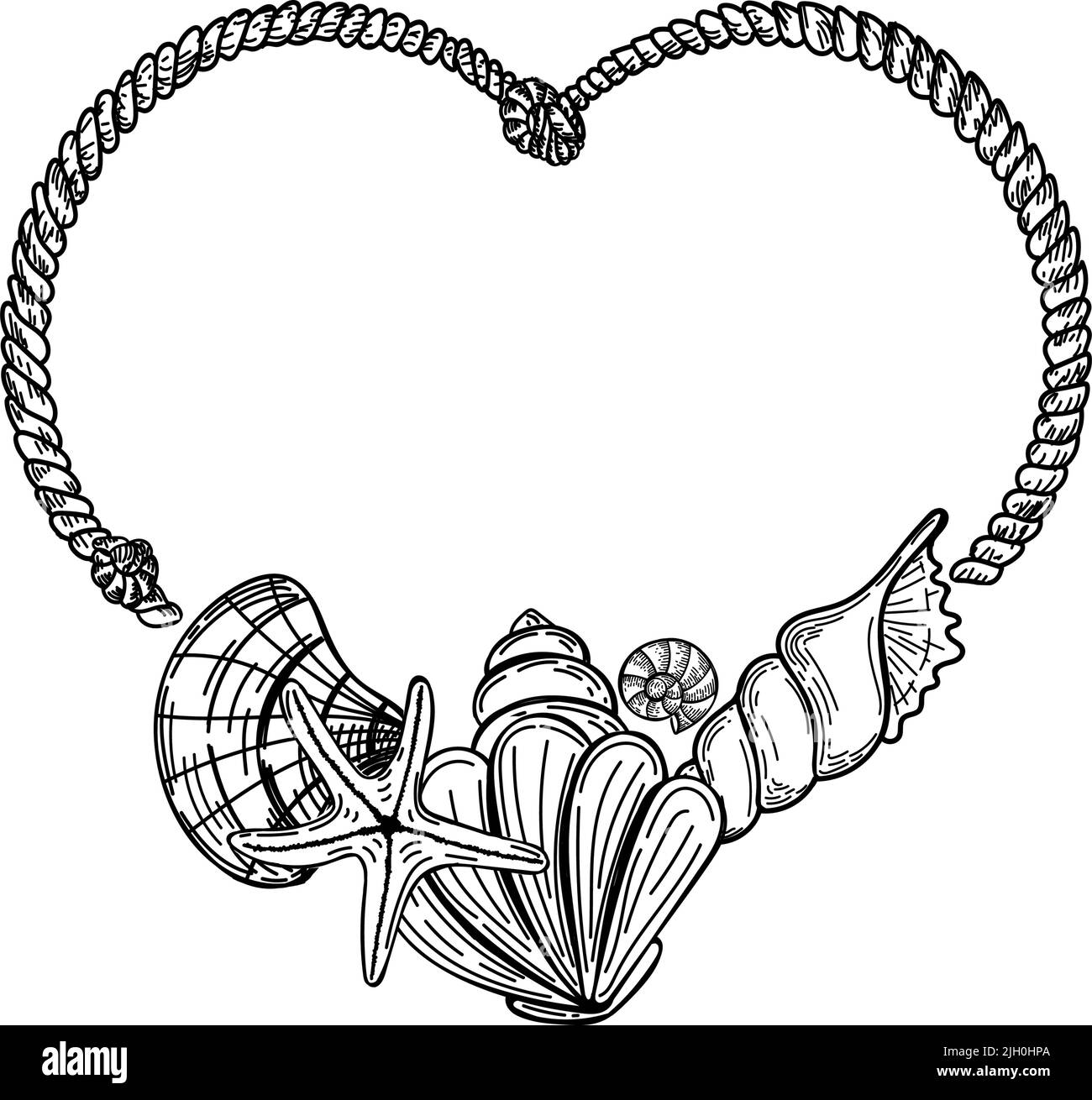 Heart-shaped frame in a nautical style, hand-drawn doodle elements in ...