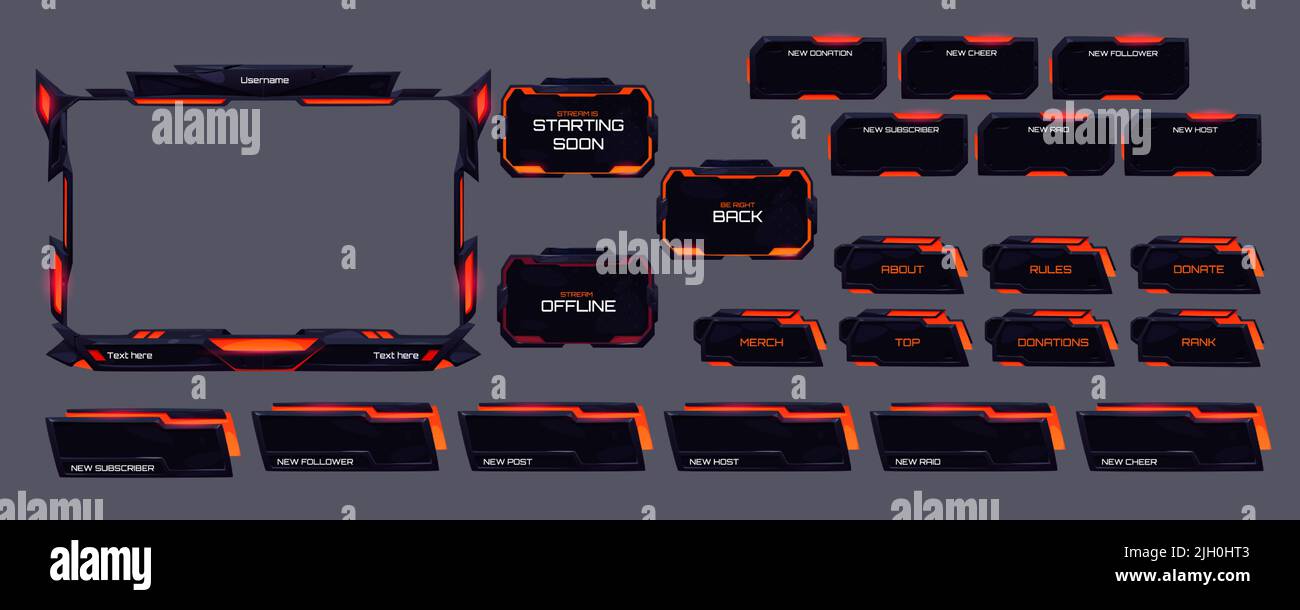 Game live stream panels, overlay frames and buttons with red neon glow. Vector cartoon set of ui ...