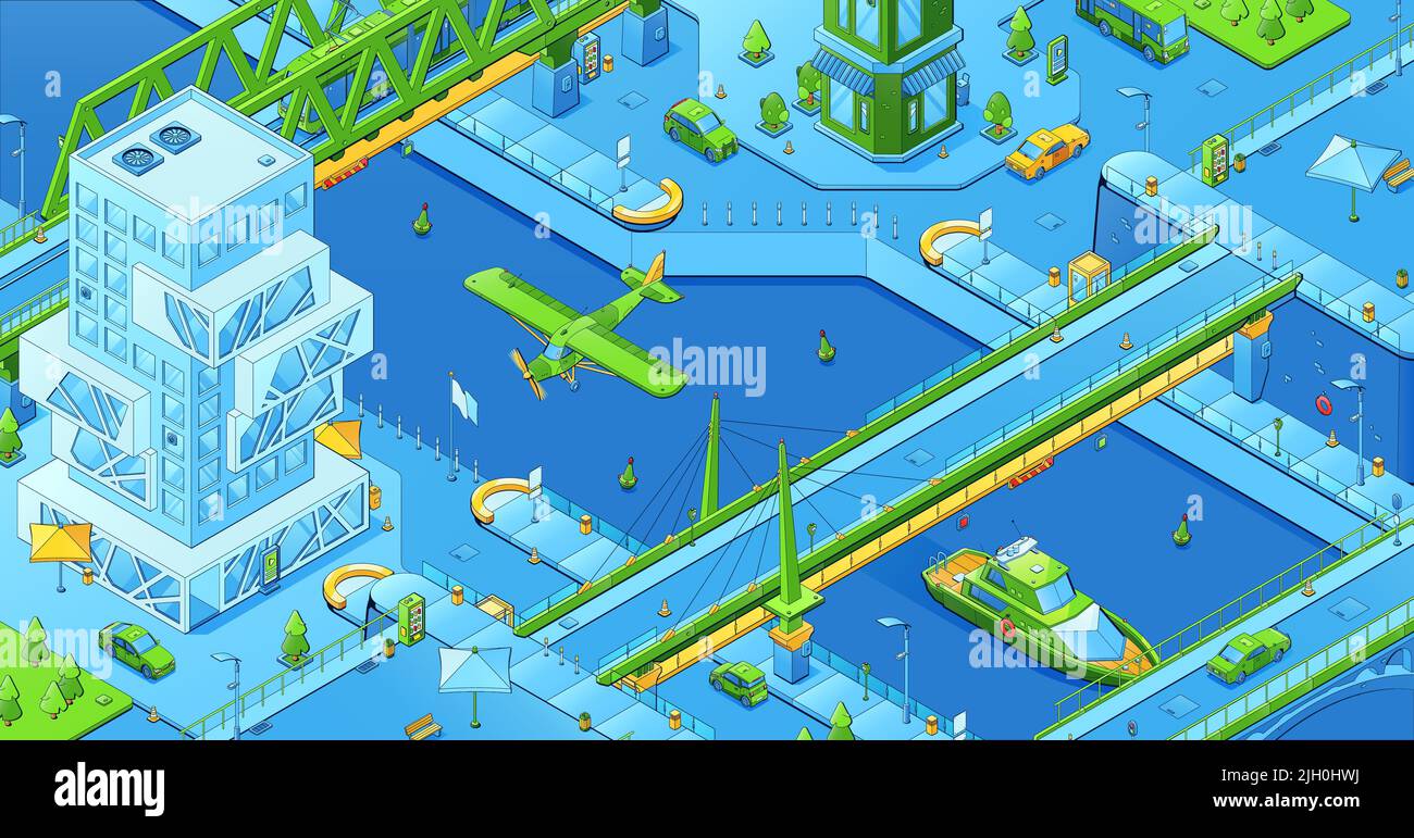 Isometric city infrastructure and transport, bridges, urban ...