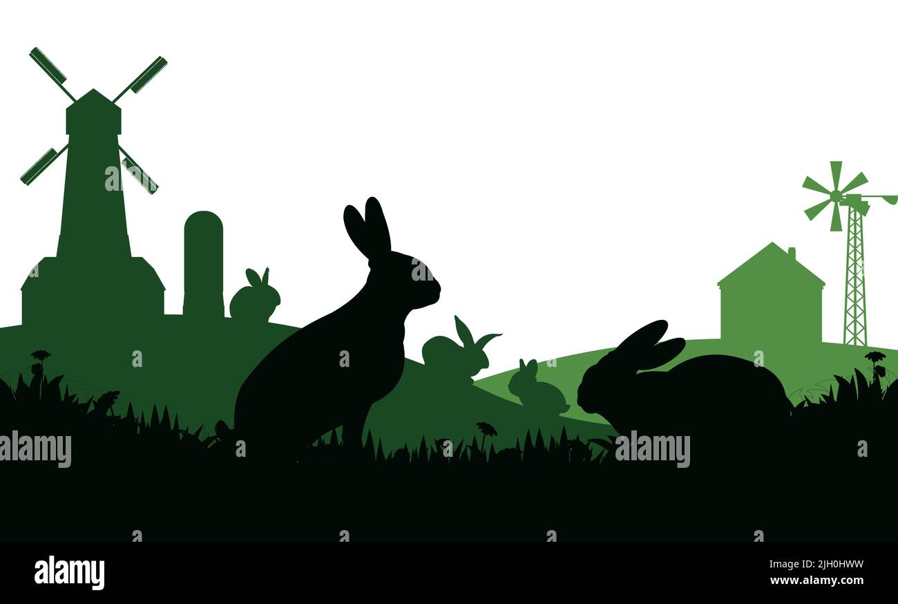 Rabbits are grazing. Picture silhouette. Rural landscape with farmers ...