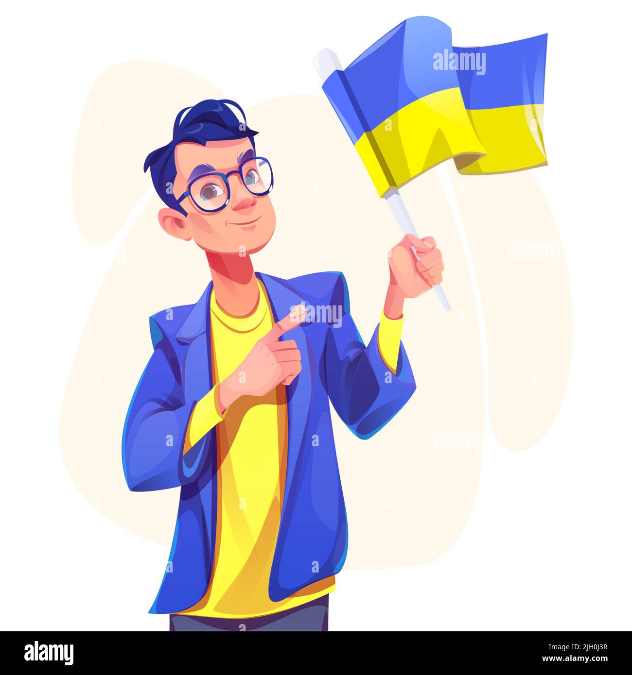 Man with Ukrainian flag, male character pointing with index finger on ...