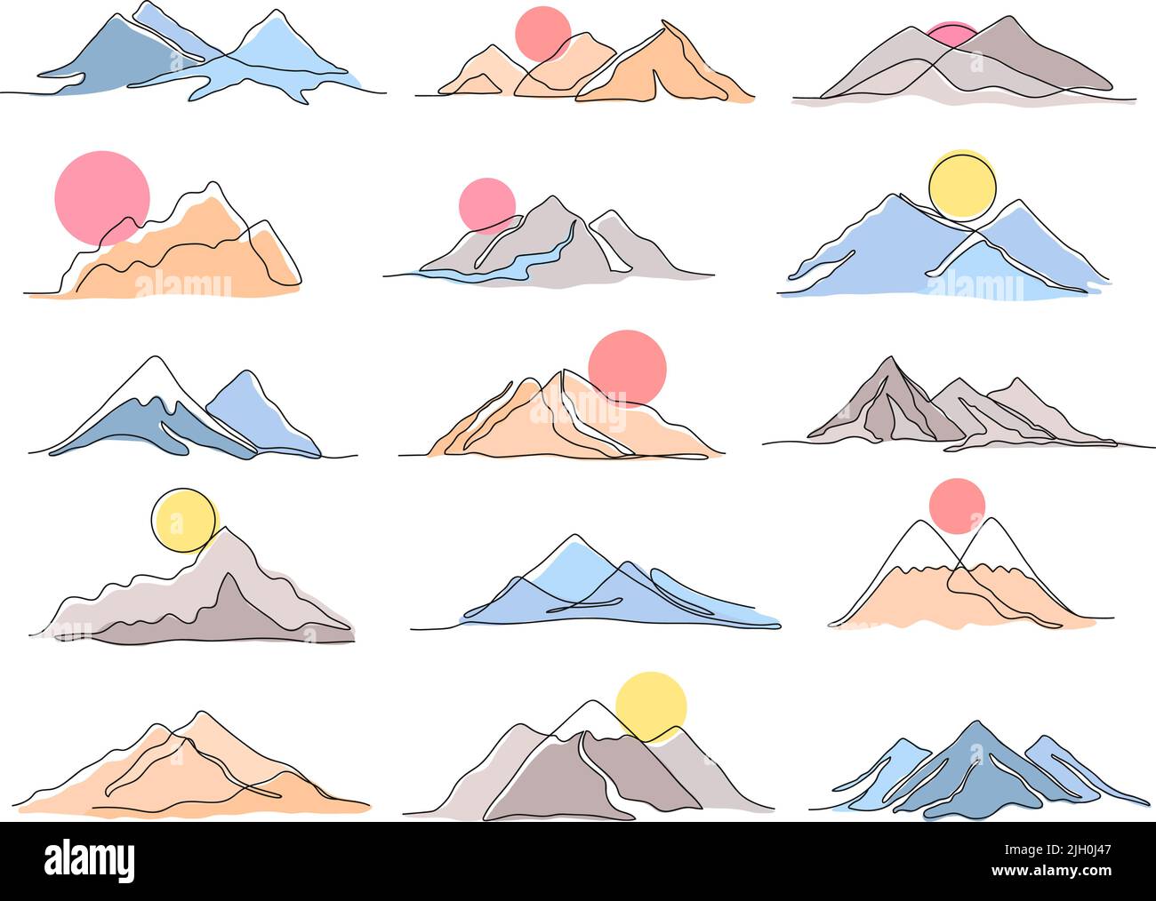 One line mountains range landscape. Sunset sun under mountain peak ... One line mountains range landscape. Sunset sun under mountain peak ...