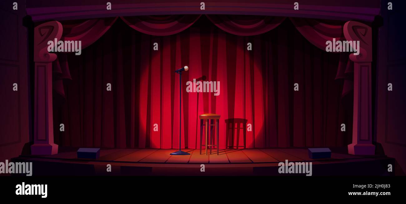 Comedy show stage with microphone and stool. Standup concert, open mike ...