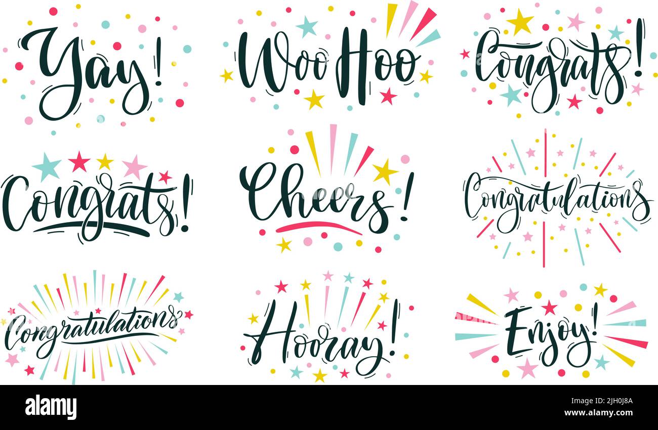 Joyful lettering. Congratulations text, cheers and hooray calligraphic ...