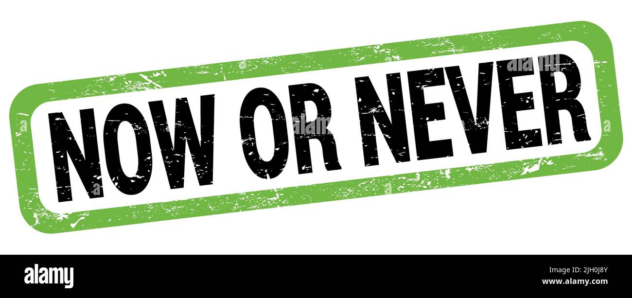 NOW OR NEVER text written on green-black rectangle stamp sign Stock ...