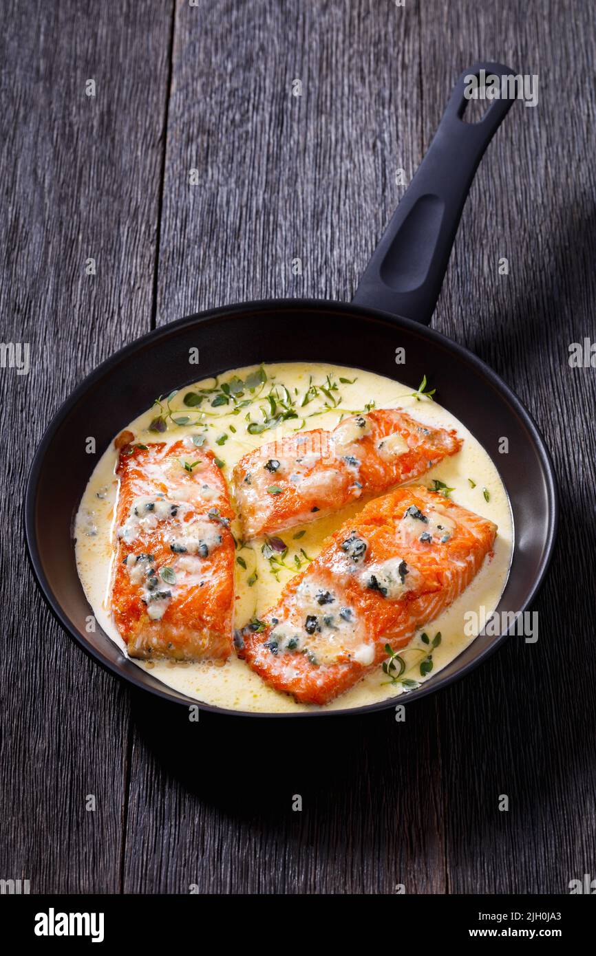 salmon fillet cooked with creamy blue mold cheese sauce in pan on dark ...