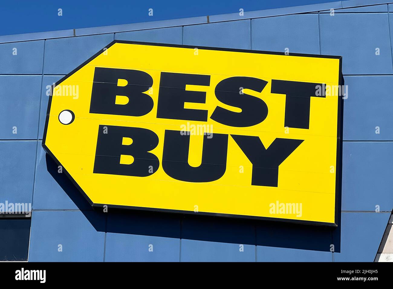 A Best Buy electronics store logo sign at the Gateway Shopping Center ...
