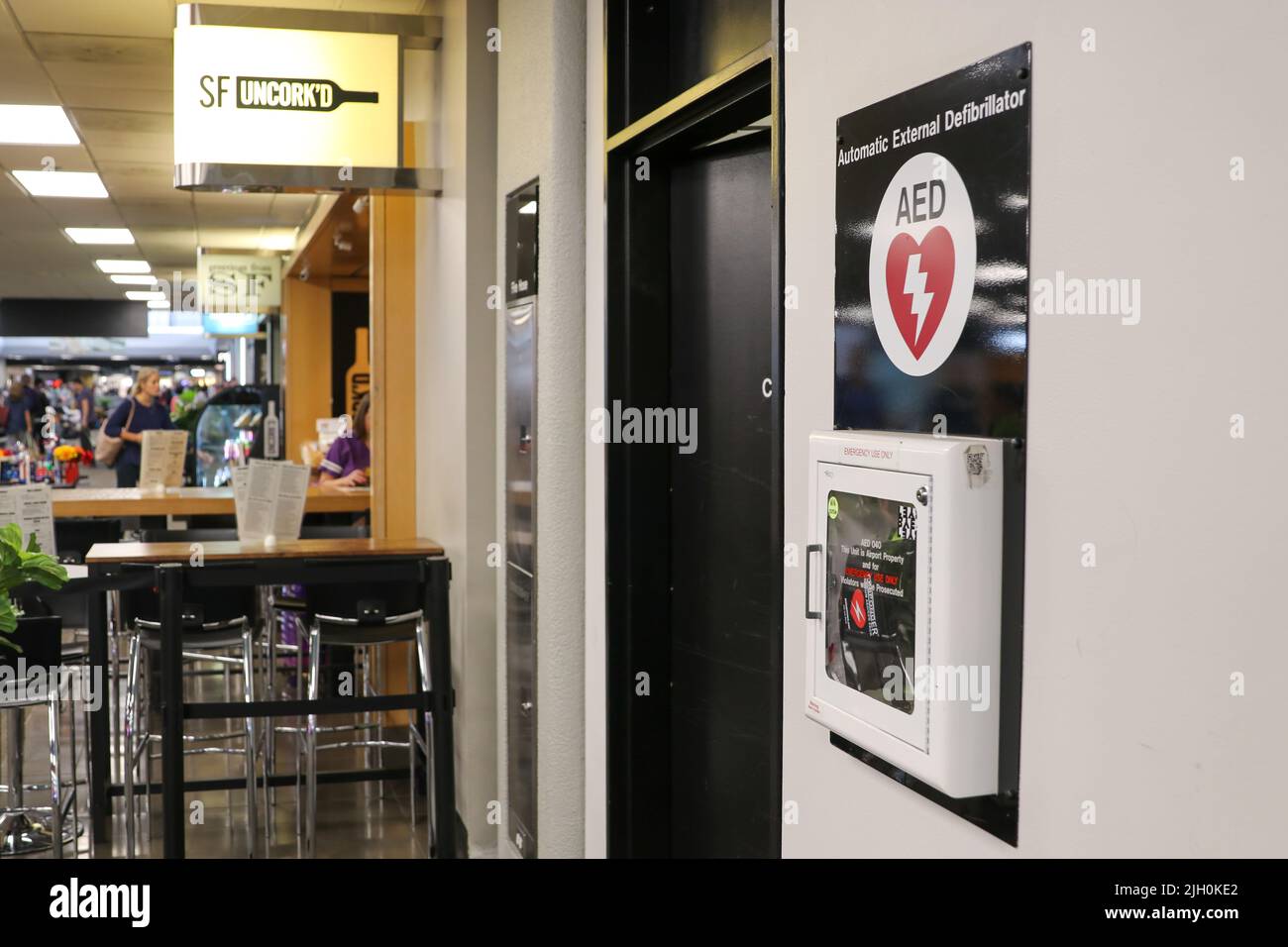 Wall mounted AED device in Terminal 3 at San Francisco International ...