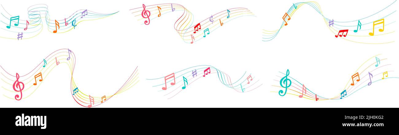 Color music notes. Musical notation lines with note symbols, song waves ...