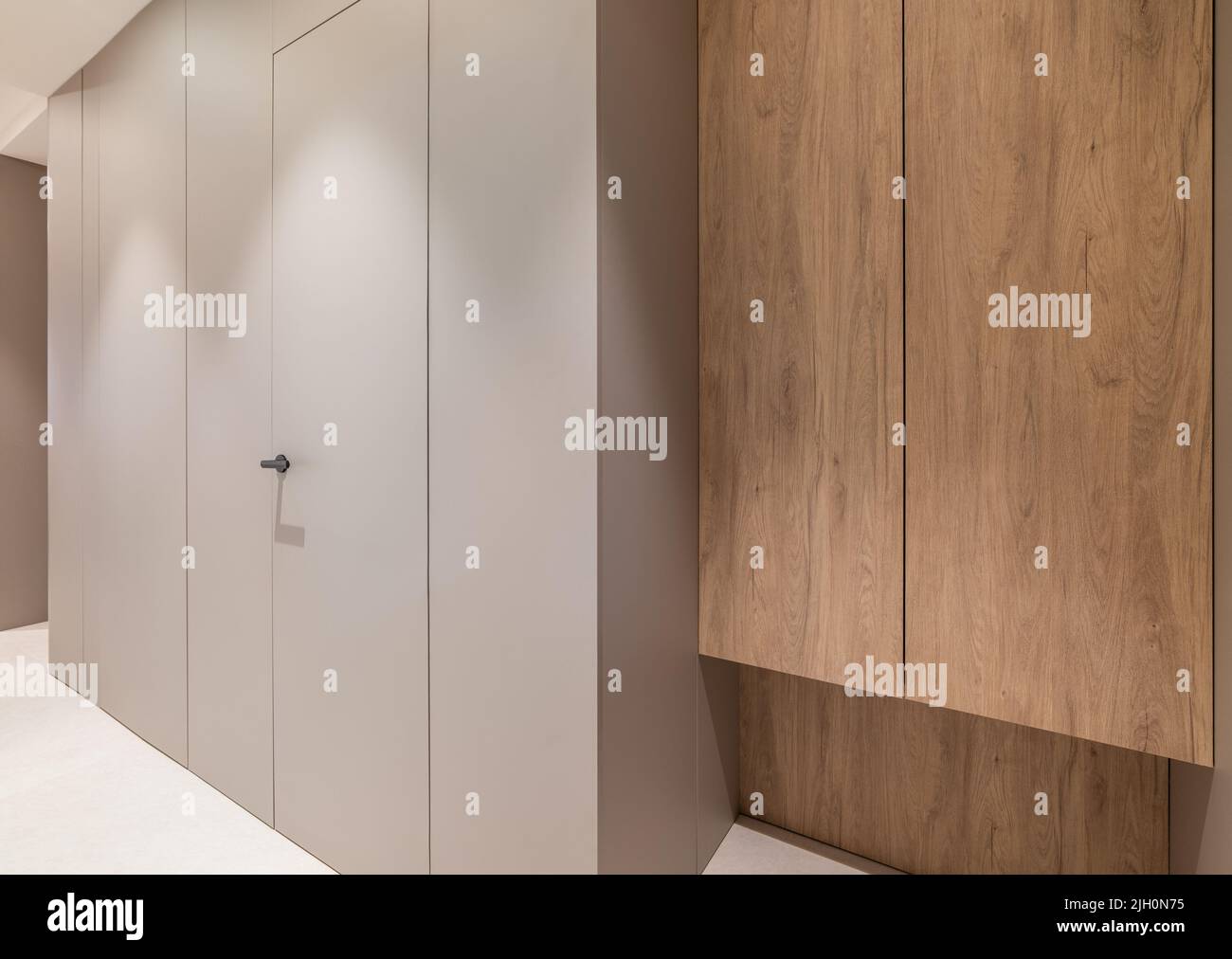 Apartment corridor with wooden wardrobe and grey panel walls with door ...