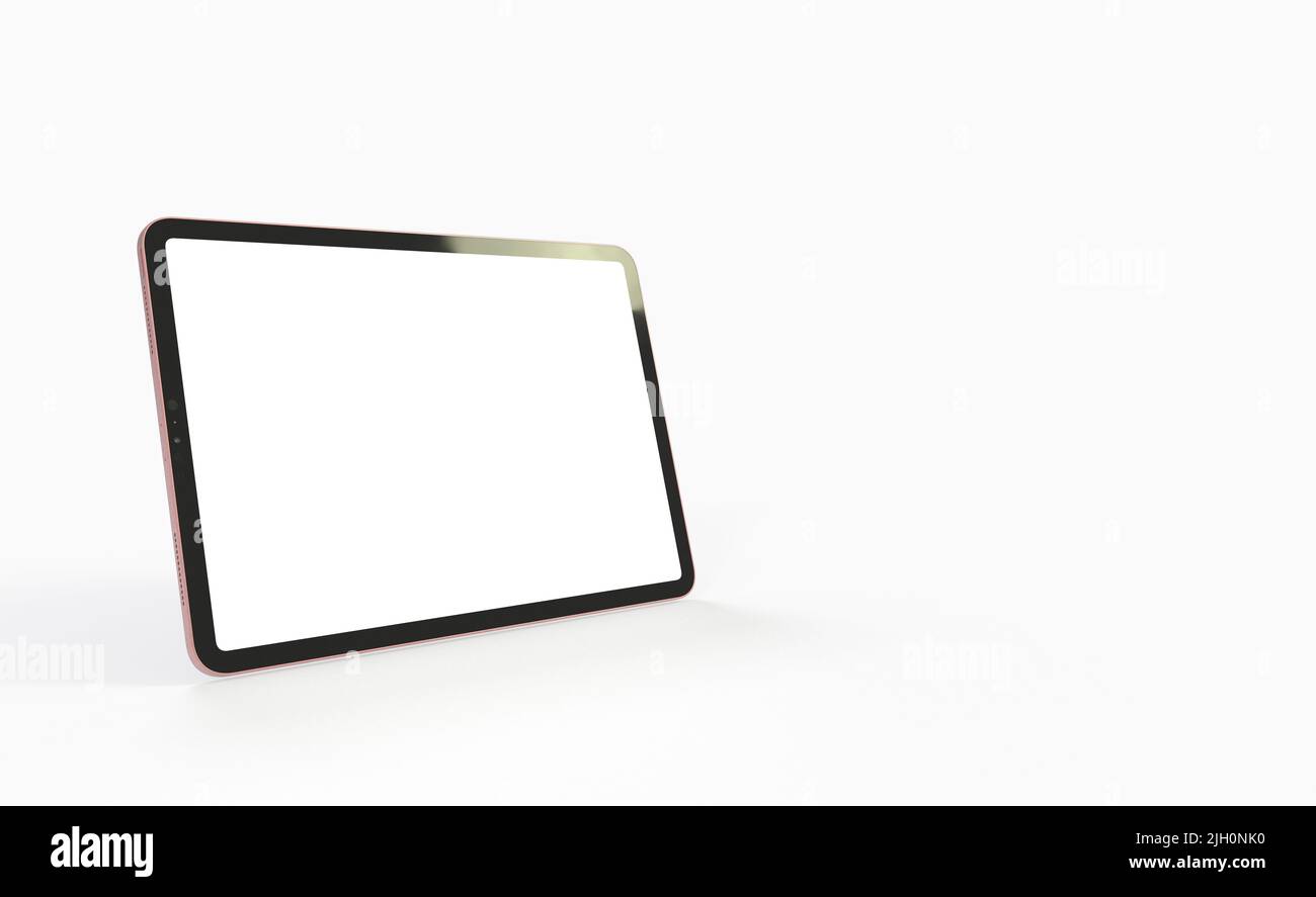 A 3D render of a tablet with a blank screen on a plain white background ...