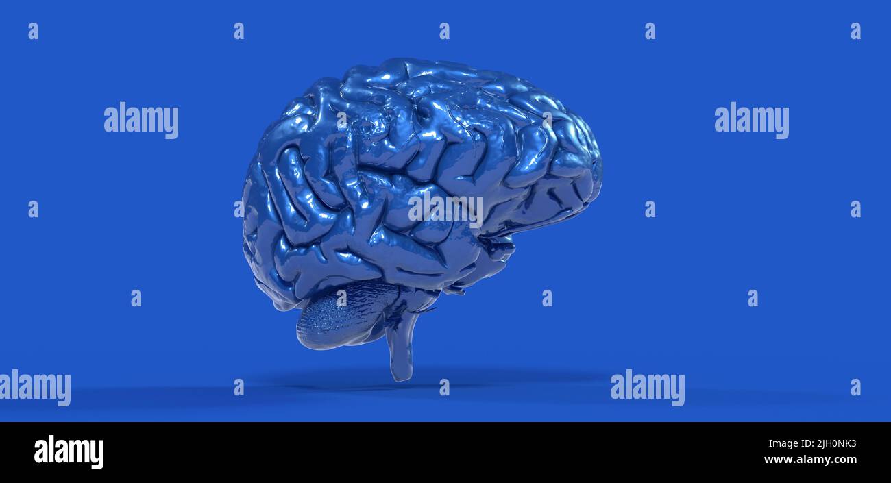 A 3D render of a highly sophisticated human brain with a shiny metallic ...