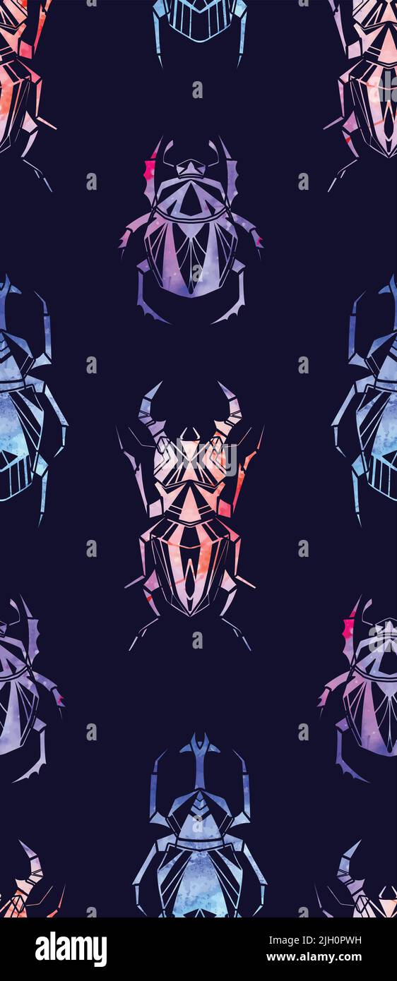 Vector seamless neon pattern with watercolor beetles and bedbugs on a ...