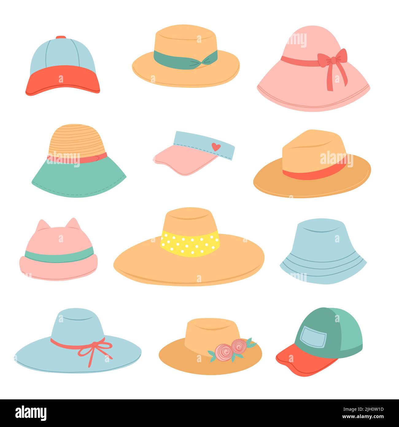 Set of summer hats, straw hats flat design vector Stock Vector Image ...