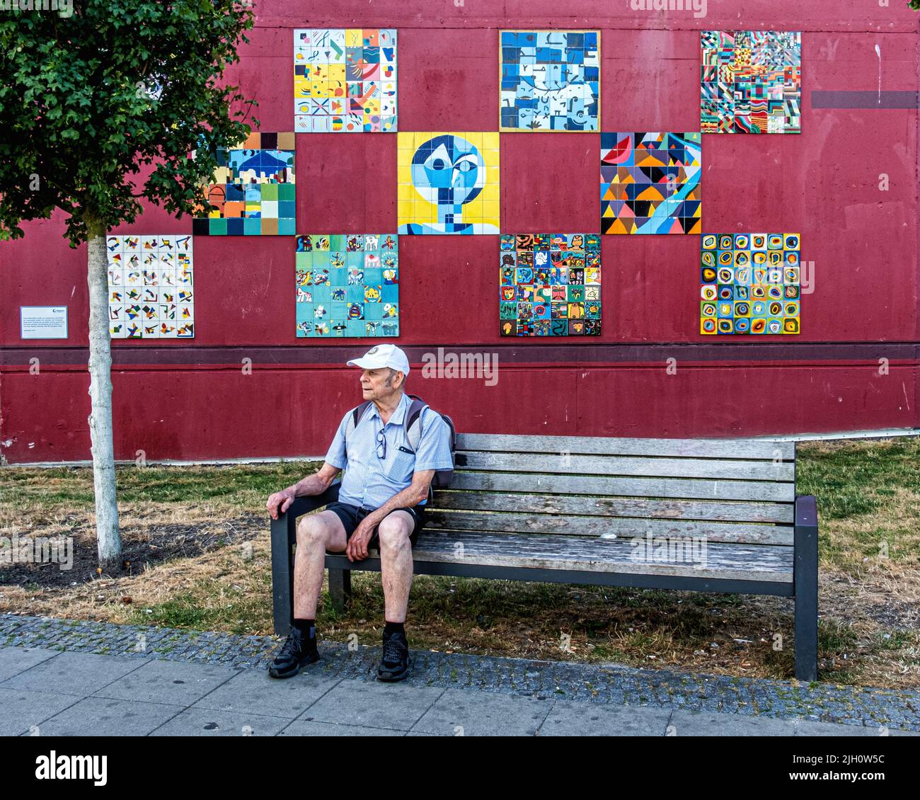 Urban Art, wall with colourful tiles near entrance of Zwickauer Damm U ...