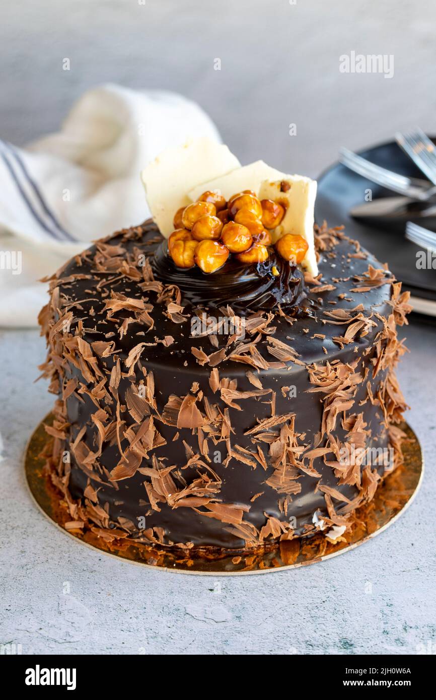 Celebration cake. Birthday cake with crocus on a stone background ...