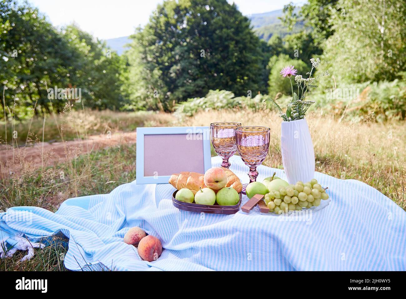 Summer picnic with croissants, fruits, chocolate and glass of wine in ...