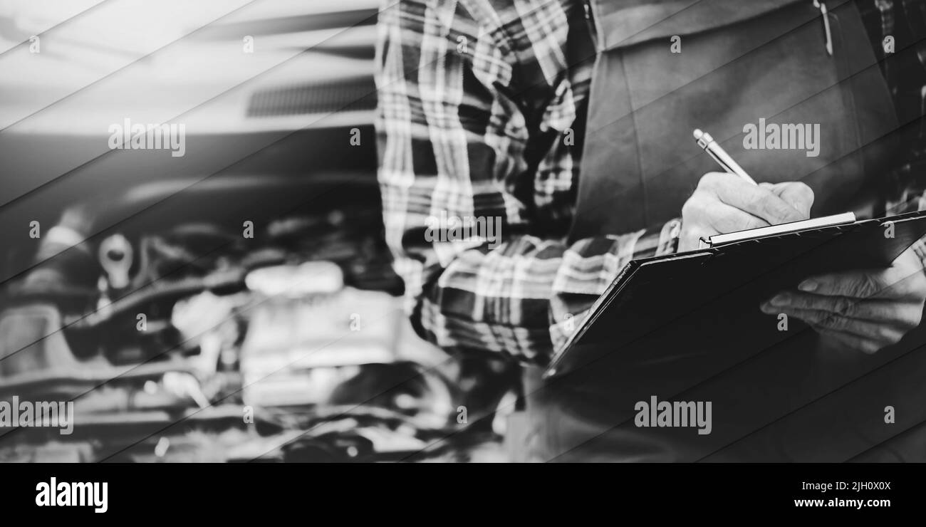Car mechanic checking a car engine and writing on clipboard, geometric ...