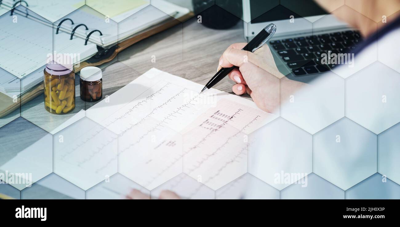 Female cardiologist examining an ecg graph in medical office, geometric ...