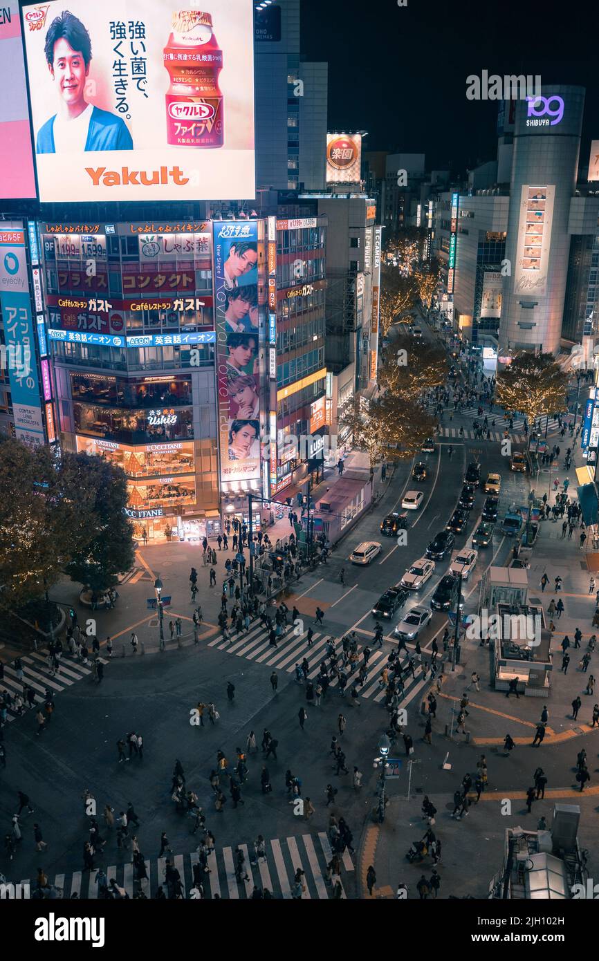A vertical night view of the busiest pedestrian Shibuya Crossing in Tokyo, Japan Stock Photo - Alamy
