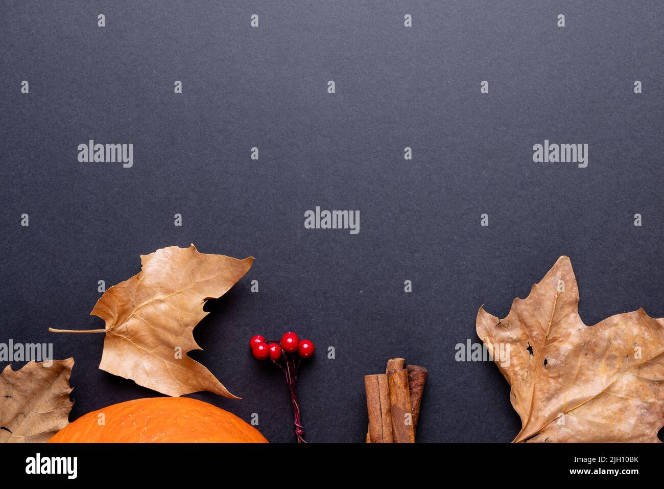Composition of pumpkins with autumn leaves and spices on black ...