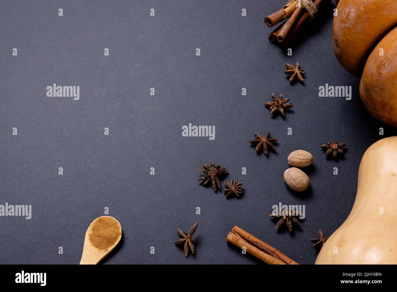 Composition of pumpkins with autumn spices on black background Stock ...