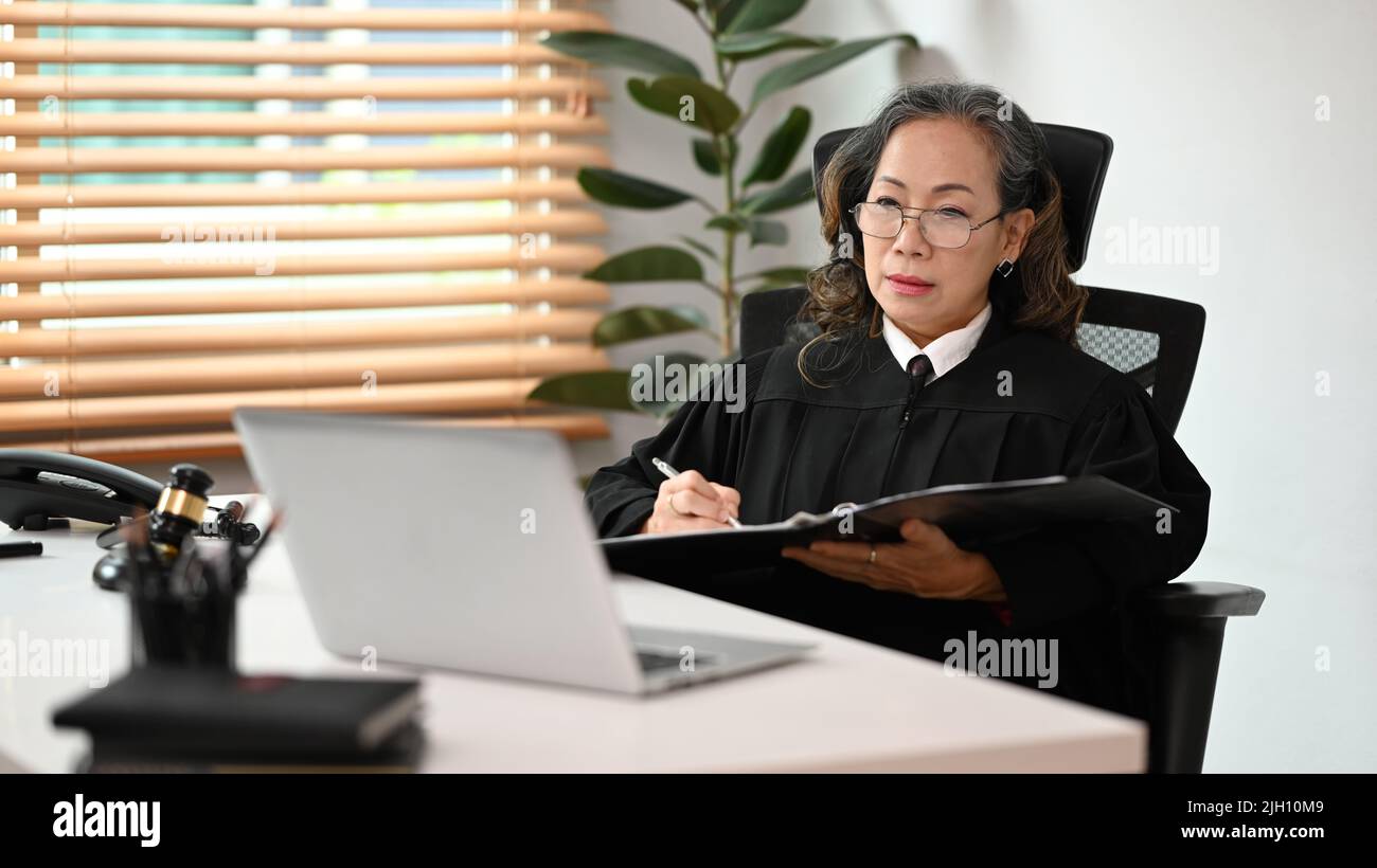 Concentrated middle aged woman judge or lawyer talking to her clients ...