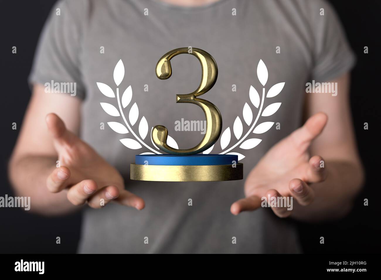 A 3D rendering of a third place golden award a male hand holding on a ...
