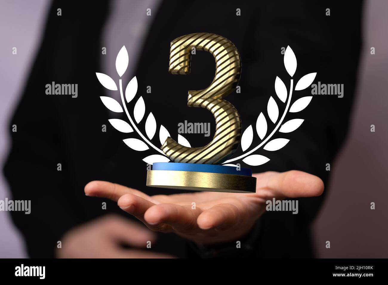 A 3D rendering of a third place golden award a male hand holding on a ...