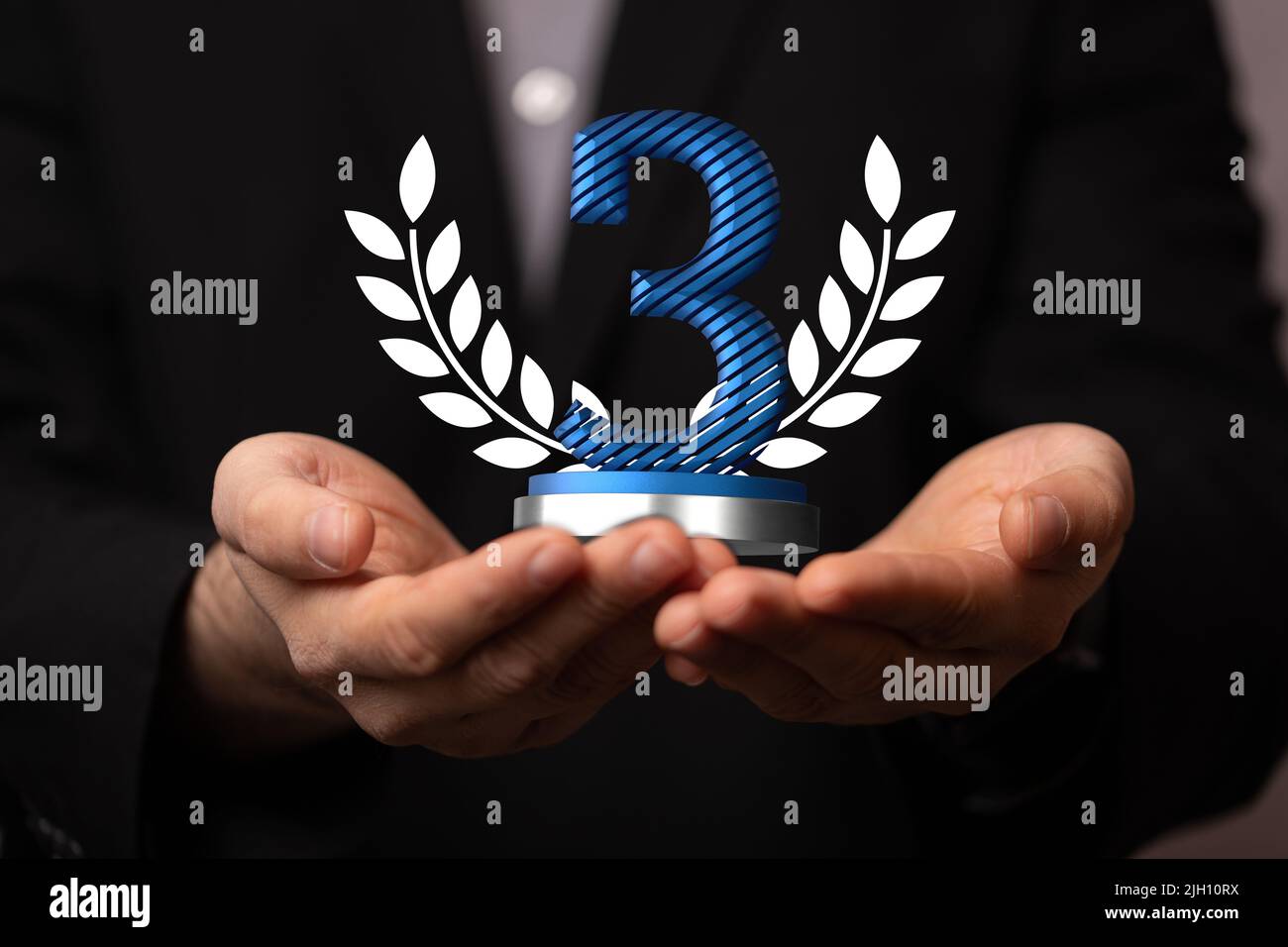A 3D rendering of a third place golden award a male hand holding on a ...