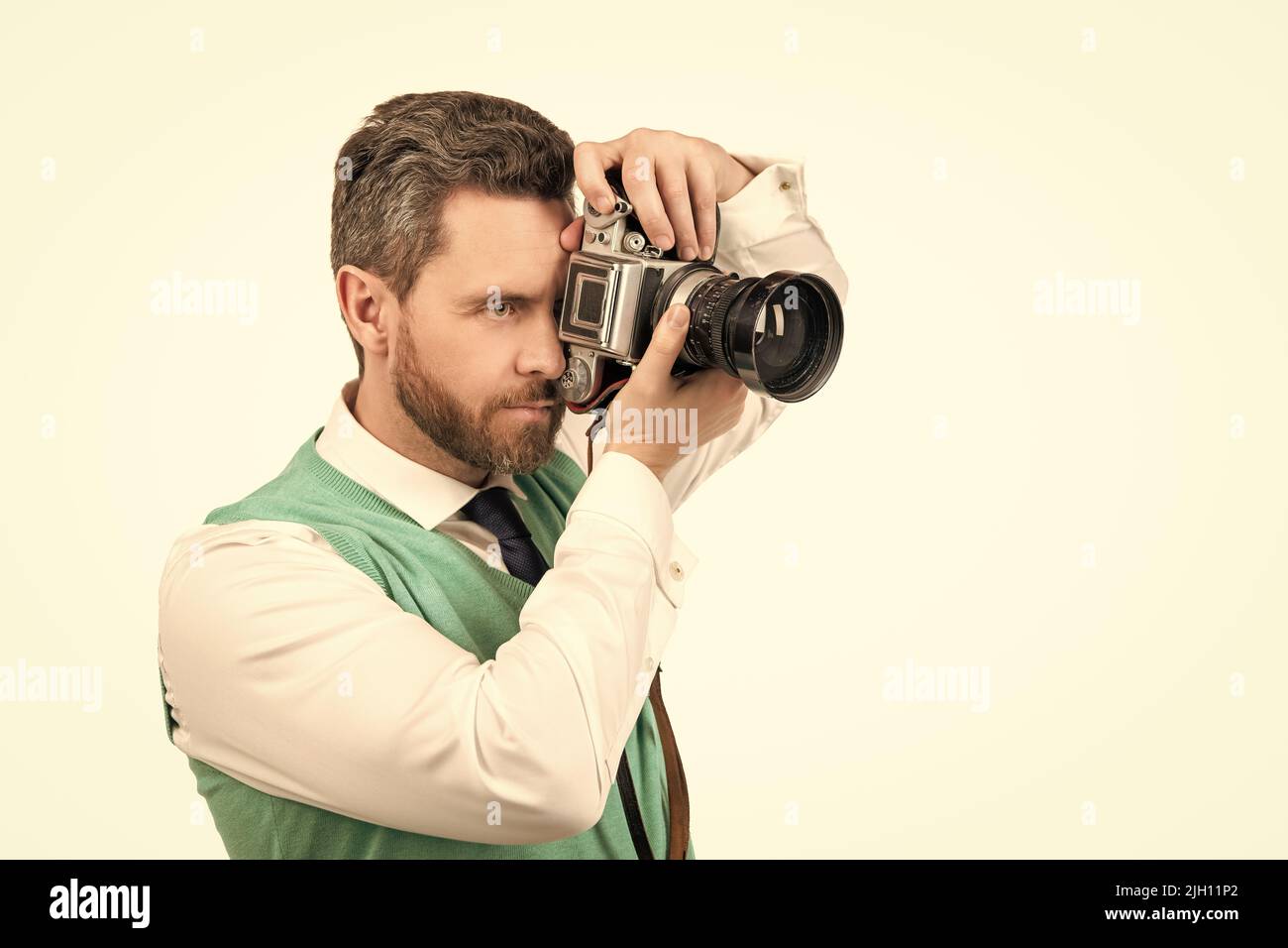 male photographer. copy space. man photographing. guy holding photo ...