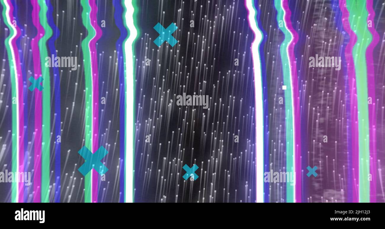 Image of data processing over light trails on black background Stock ...