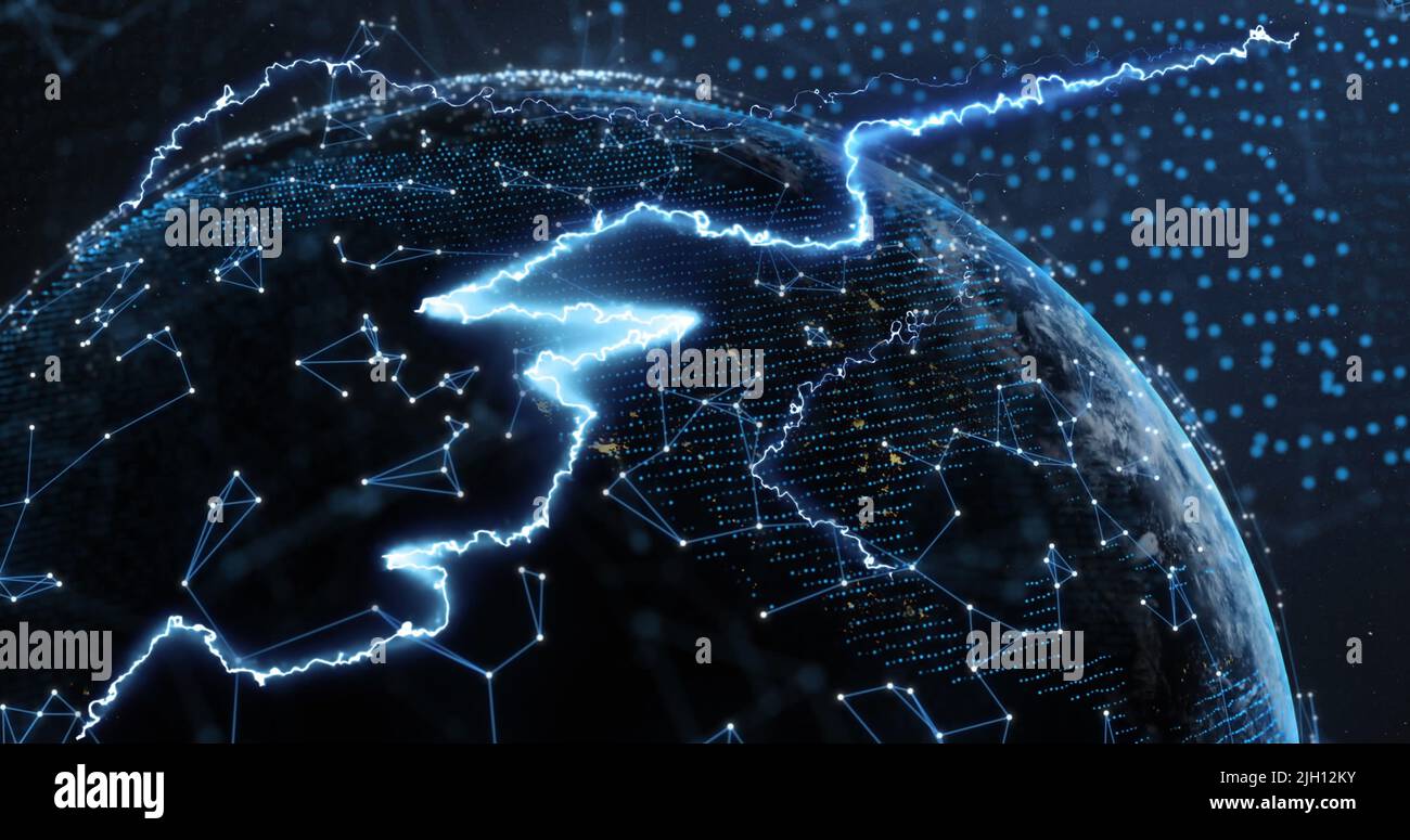 Image of spinning globe and network of connections on black background ...