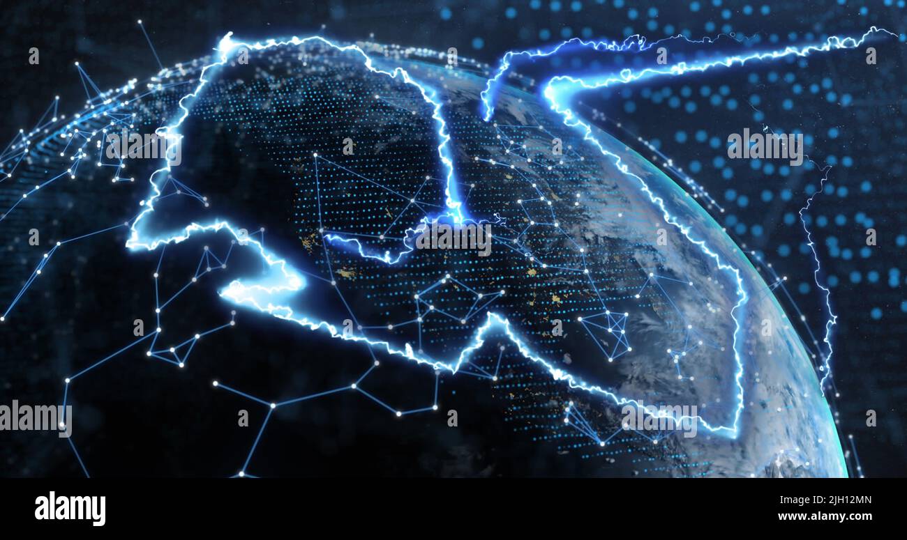 Image of spinning globe and network of connections on black background ...