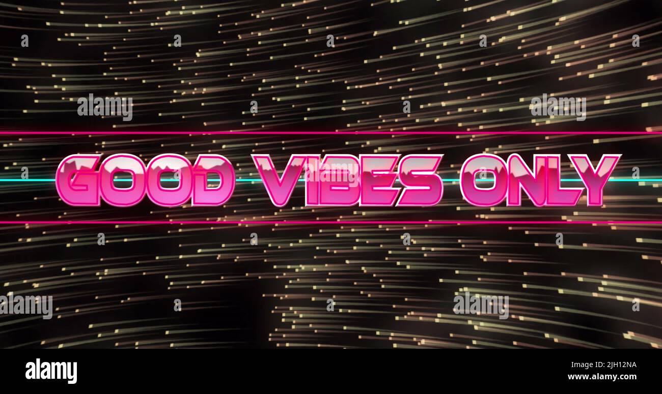 Image of good vibes only text over light trails on black background ...