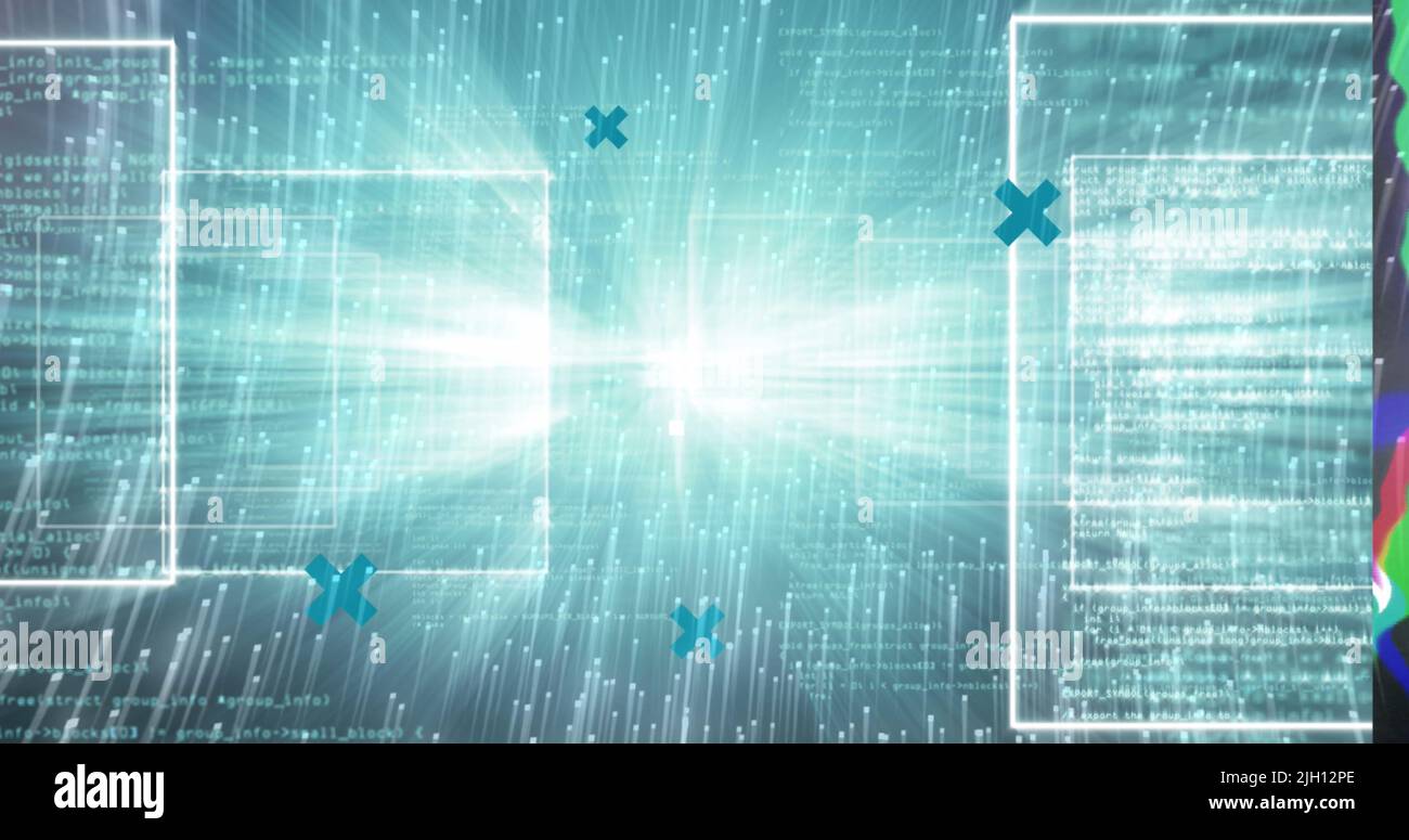 Image of data processing over light trails on black background Stock ...