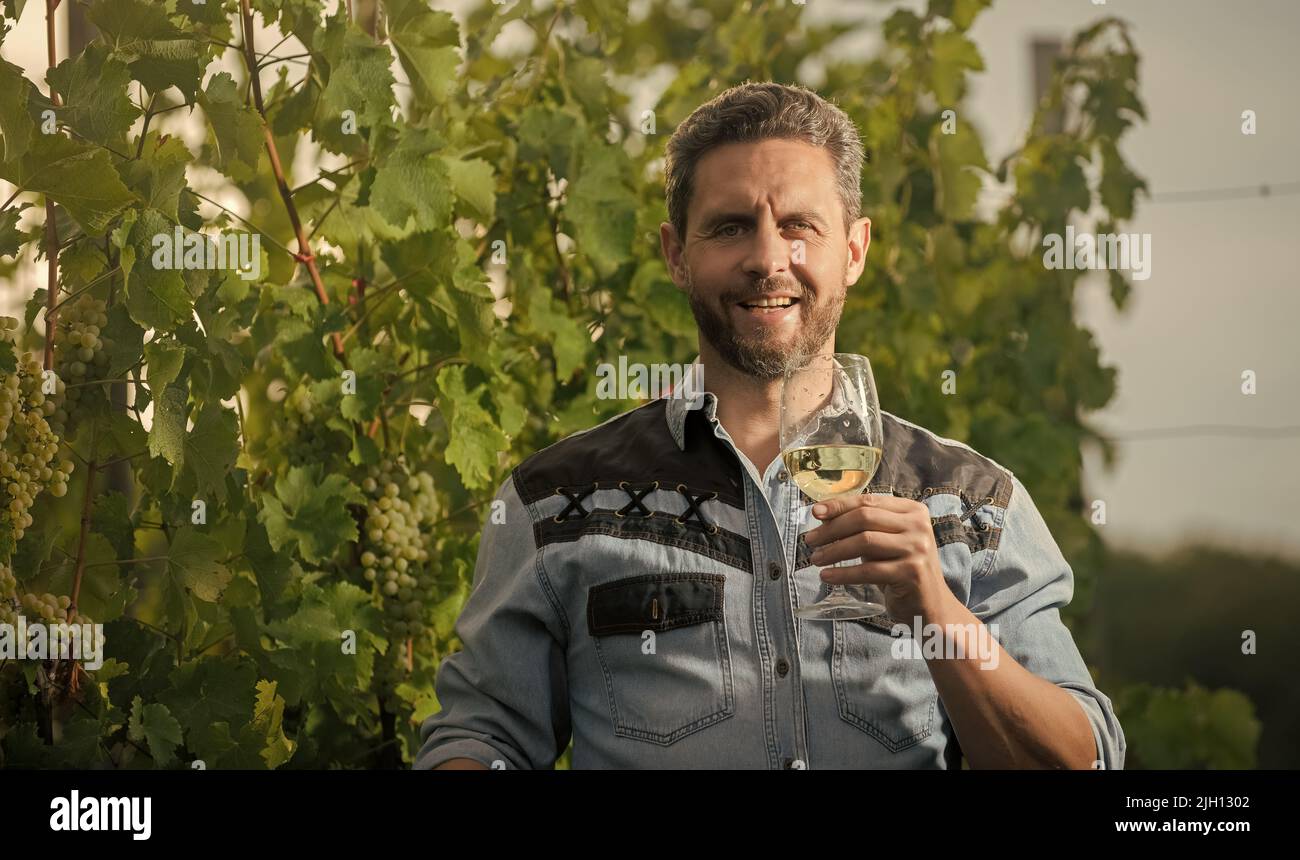 bearded man with wine glass. happy enologist with wineglass. sommelier ...