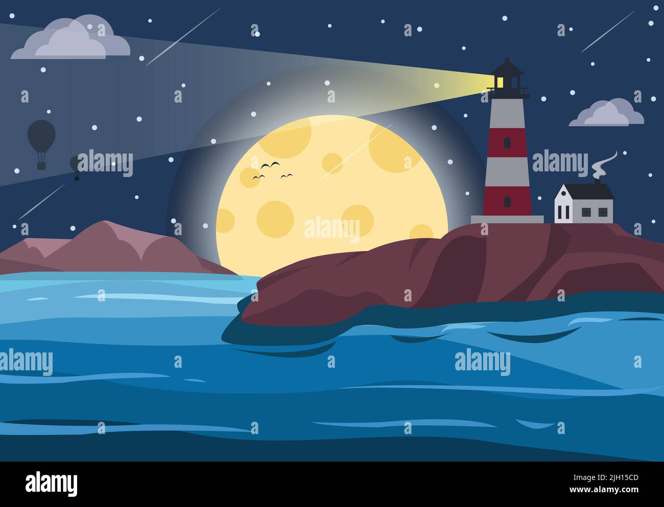 A vector illustration of a lighthouse on the ocean at night time with a ...