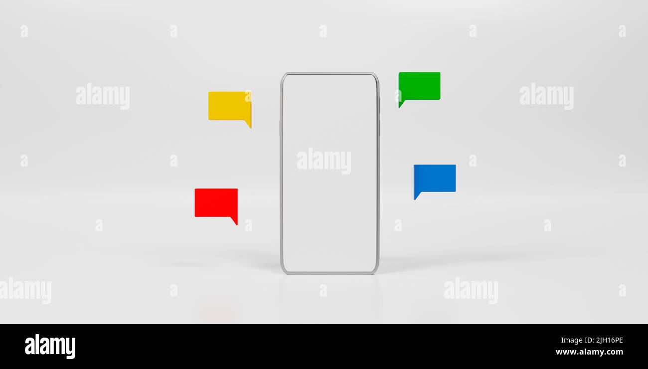 3D illustration smartphone with floating chat bubbles, social media ...