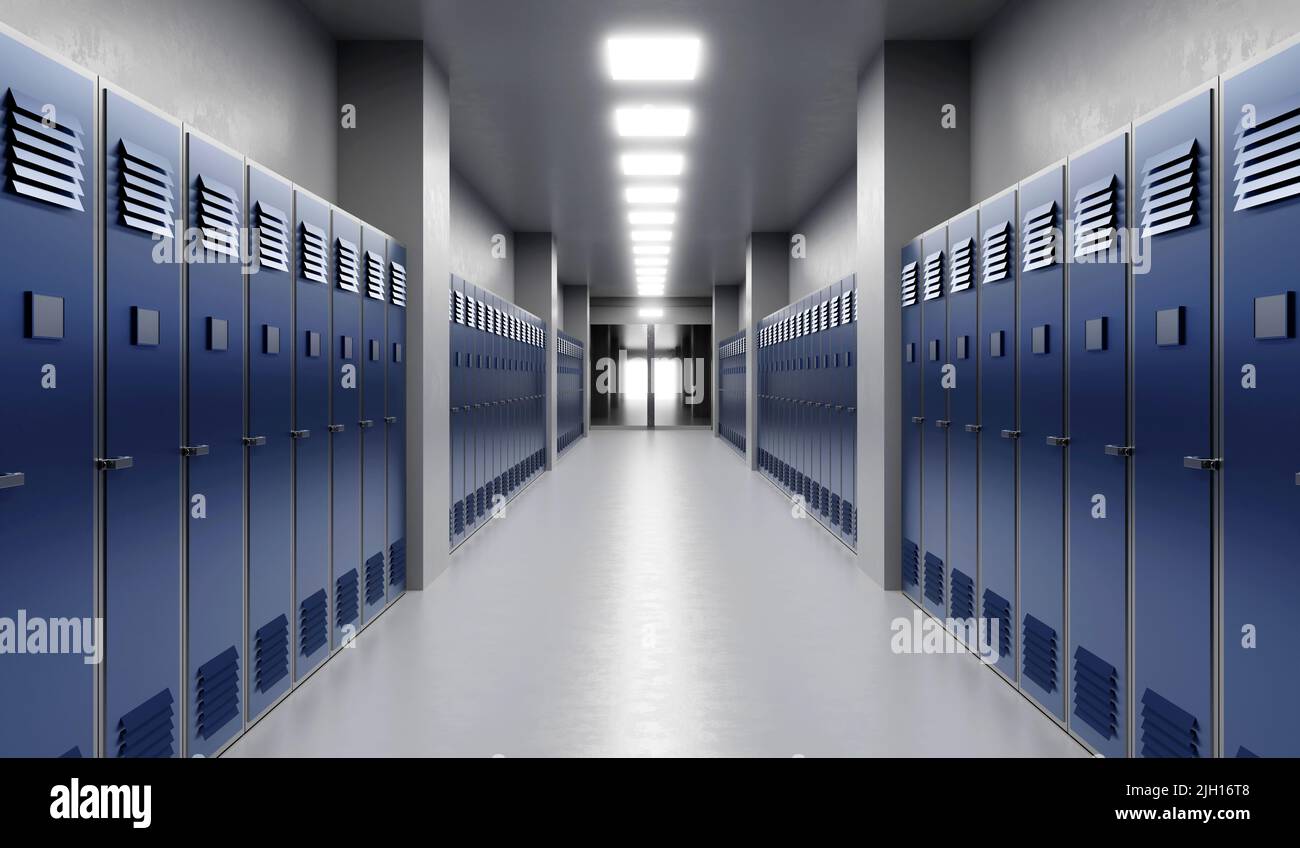 Long school corridor with blue lockers , 3d render Stock Photo - Alamy