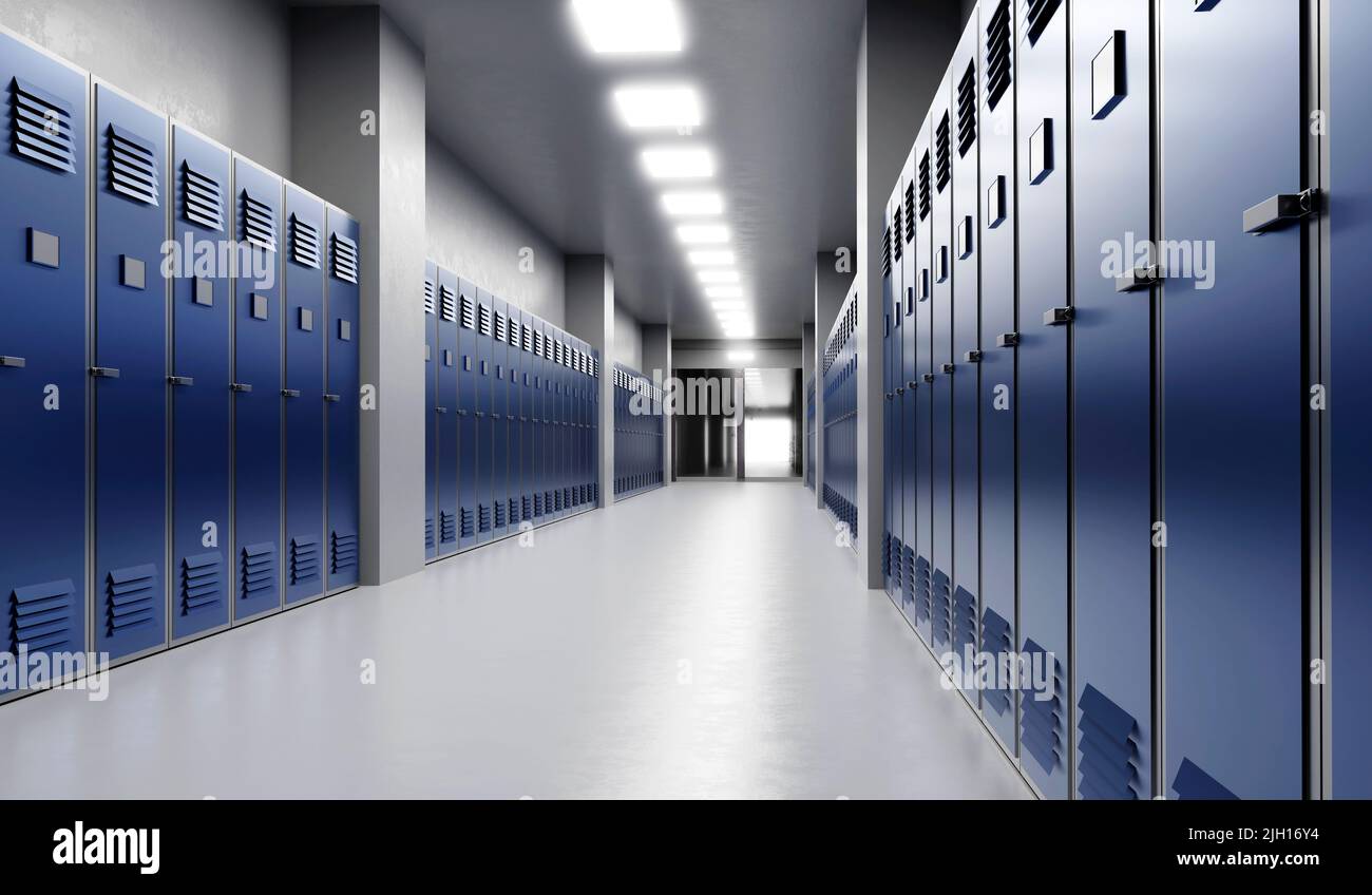 Long school corridor with blue lockers , 3d render Stock Photo - Alamy
