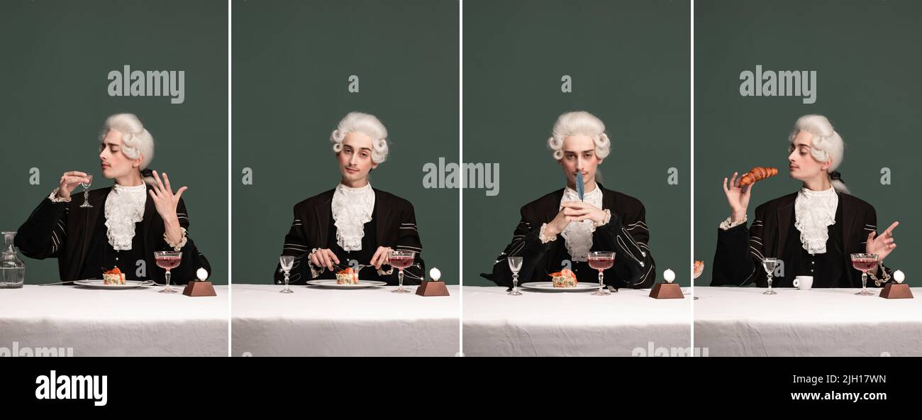 Set of portraits of young elegant man in peruke and vintage jacket ...